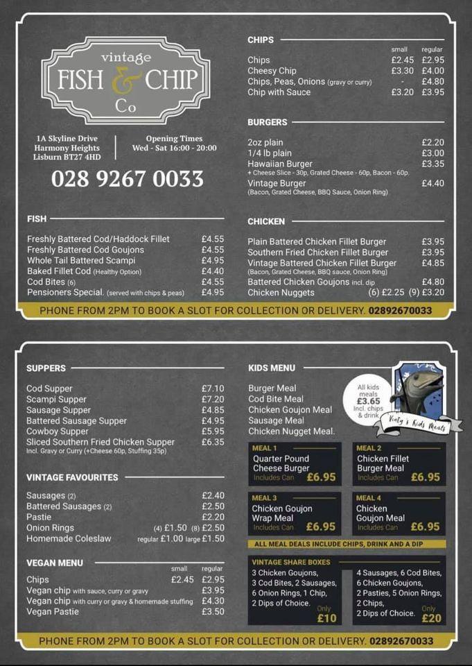 Menu at Vintage Fish & Chip Co restaurant, Lisburn