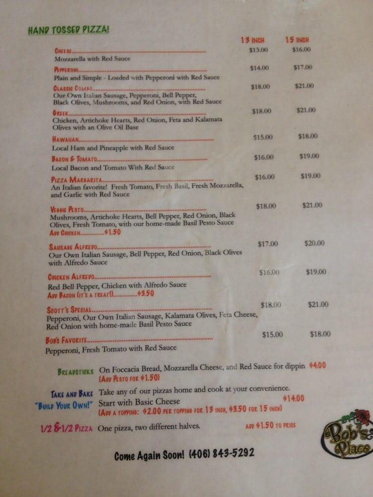 Menu at Bob's Place pizzeria, Virginia City, 304 W Wallace St