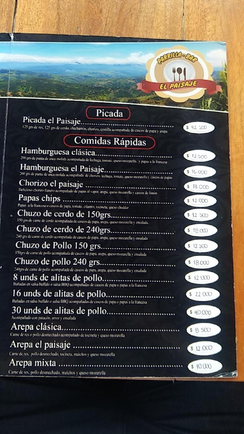 Menu at PARADOR EL PAISAJE restaurant, Colombia