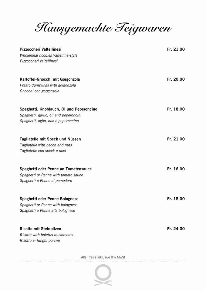 Menu at Panorama, Saint Moritz, Via Somplaz 59