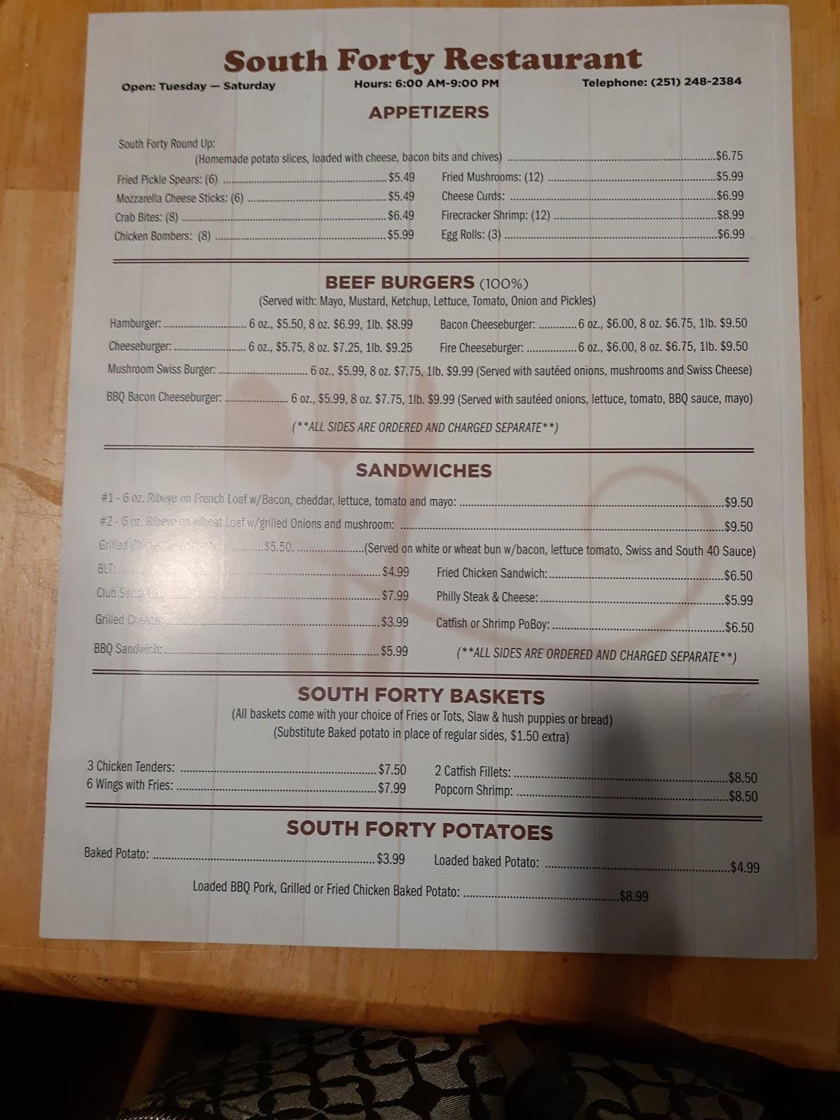 Menu at South Forty Restaurant, Repton