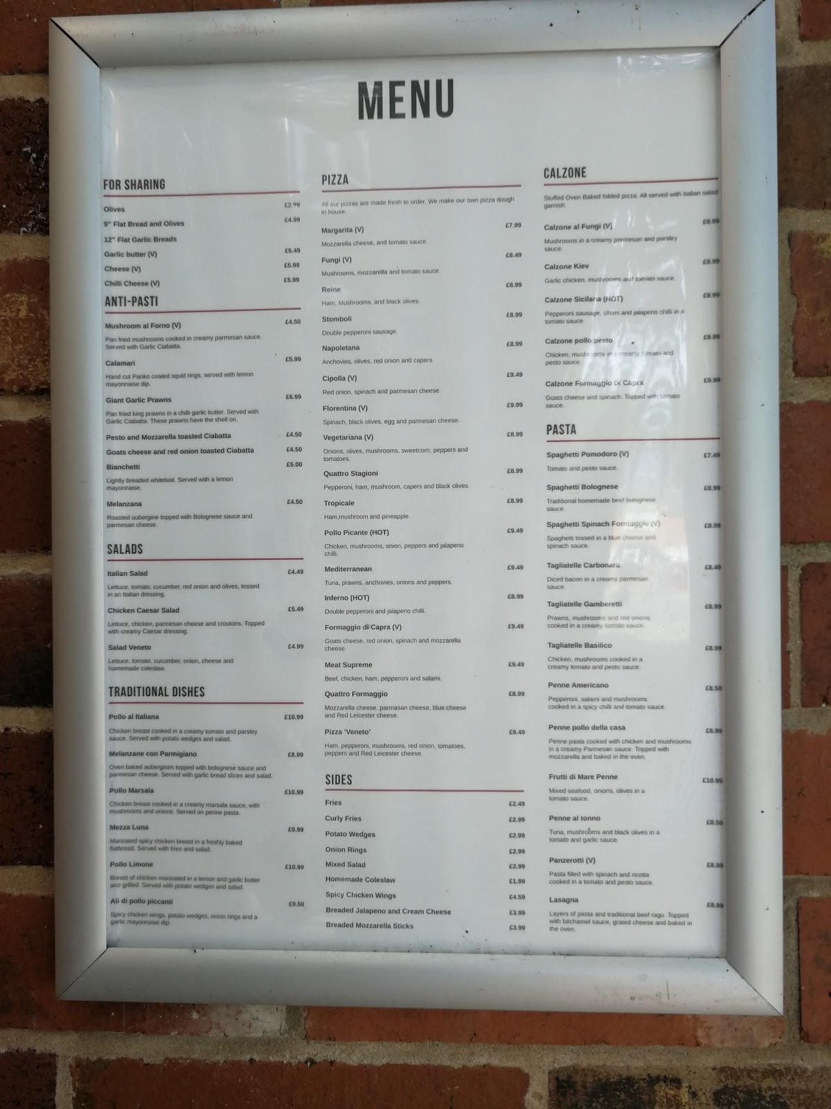 Menu at veneto restaurant, Market Harborough