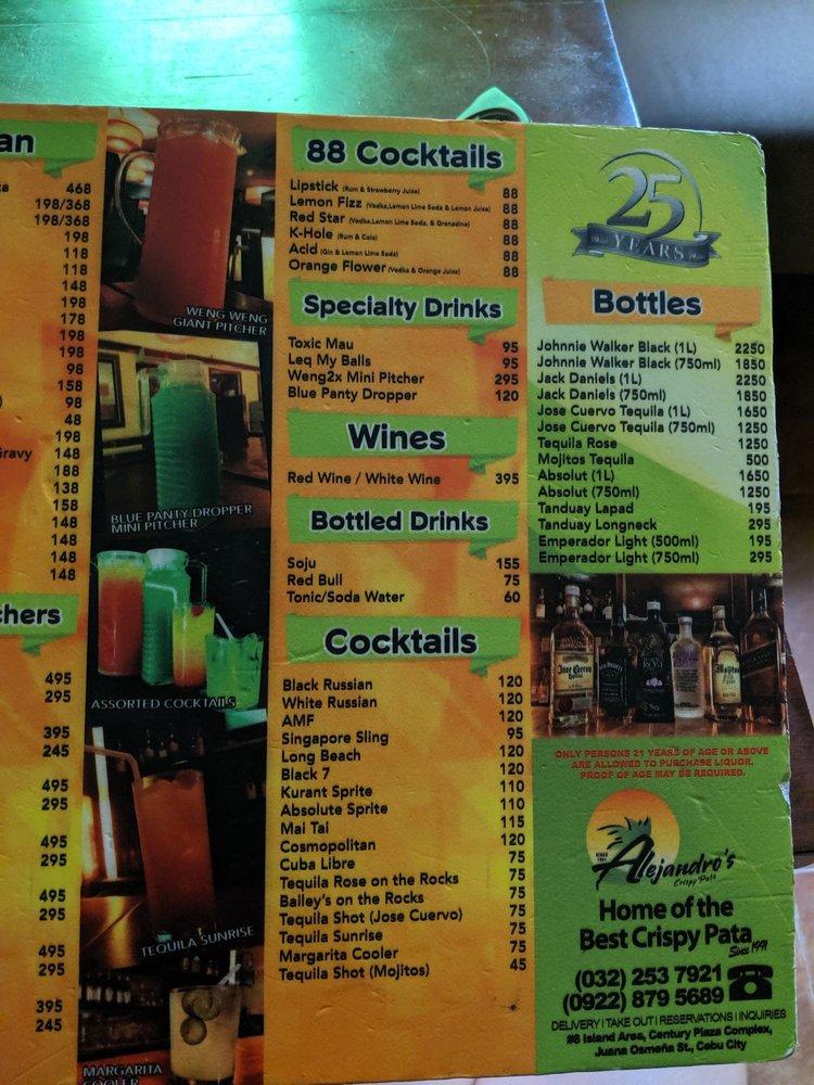 Menu at Alejandro's Crispy Pata pub & bar, Cebu City, Century Plaza Cebu