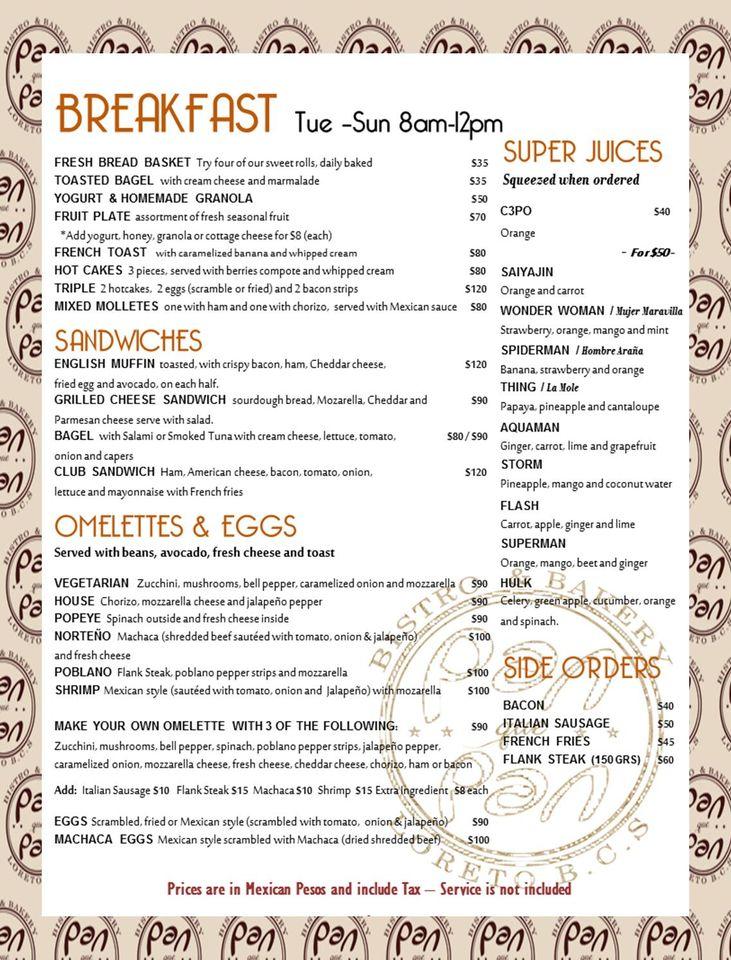 Carta de Pan Que Pan, Bistro & Bakery, Loreto