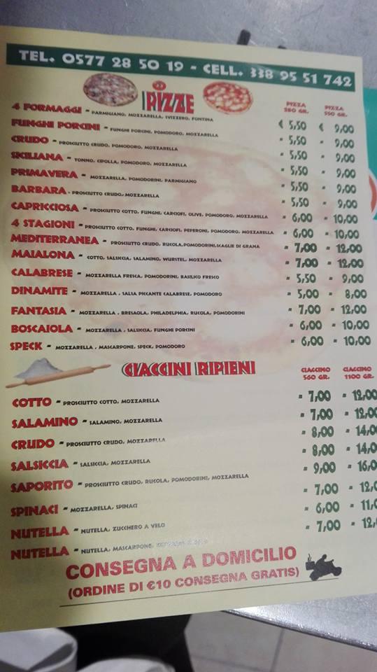 Menu at Pizzeria Vento, Siena