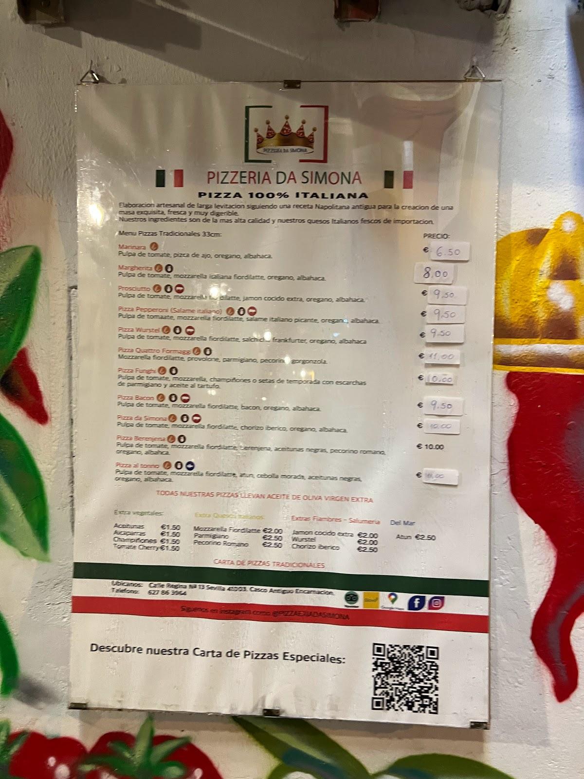 Menu at Pizzeria da Simona, Seville