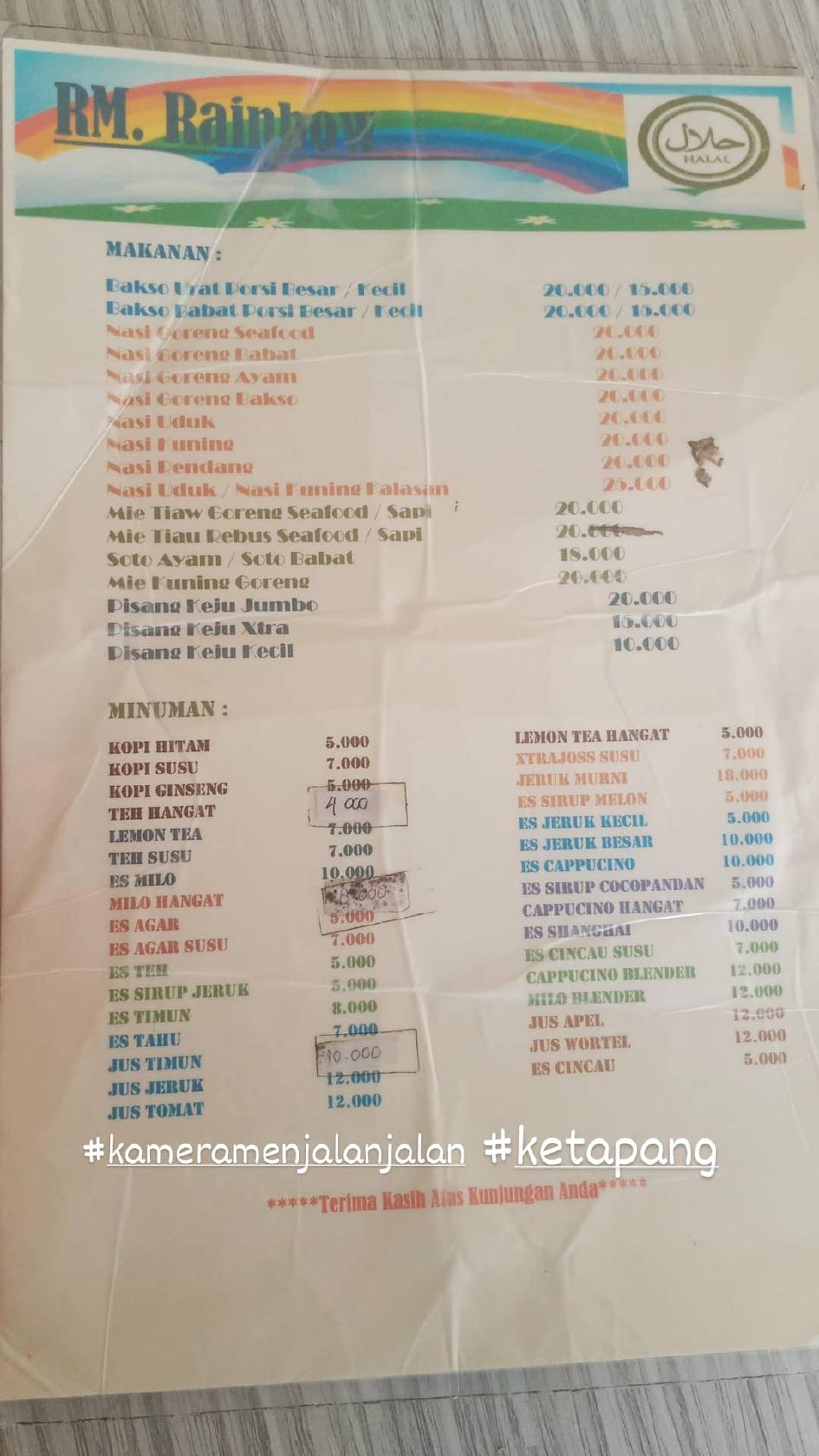 Menu at R.m Rainbow (Pisang Keju) restaurant, Tengah