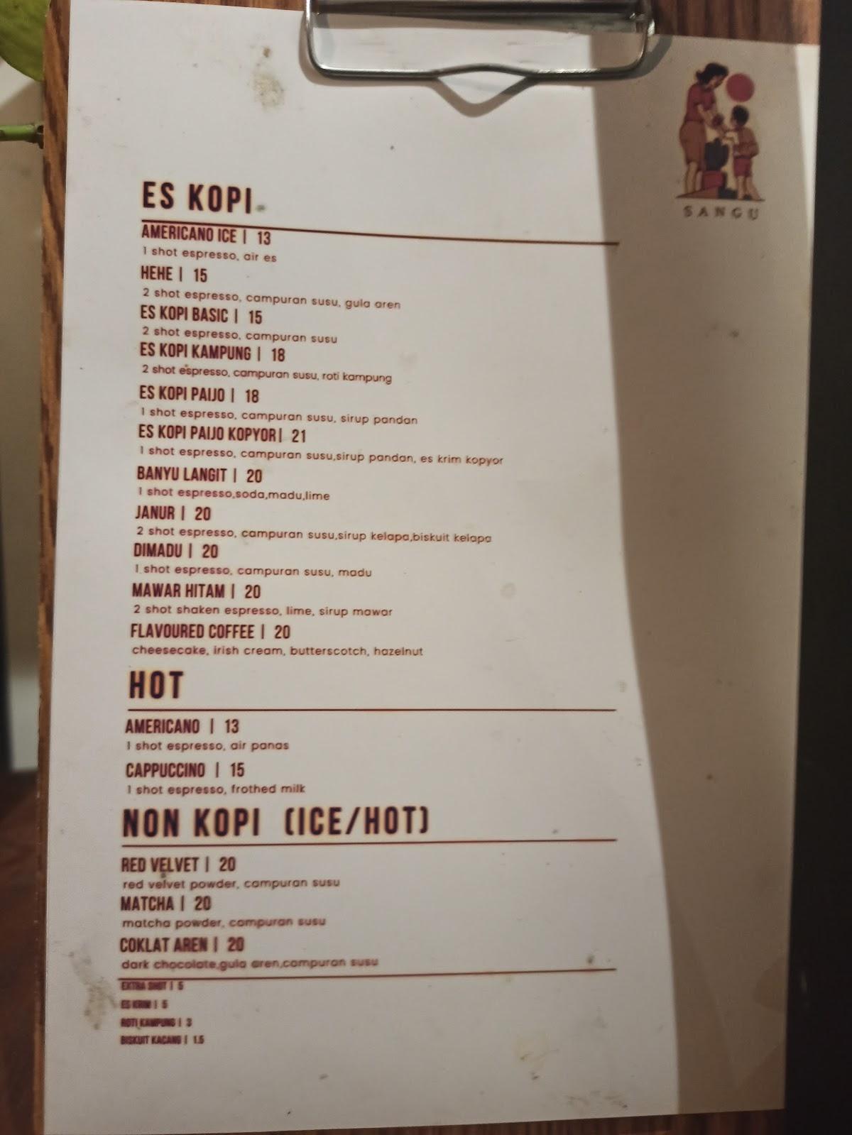 Menu at Sangu Coffee, Sendangadi
