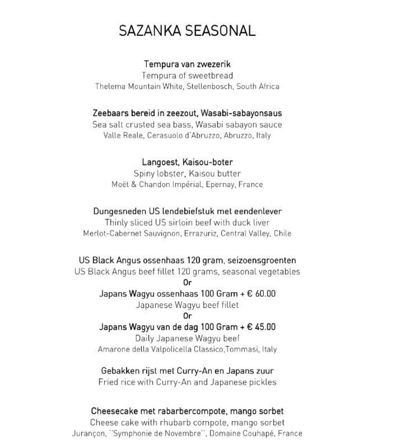 Menu at Sazanka, Amsterdam