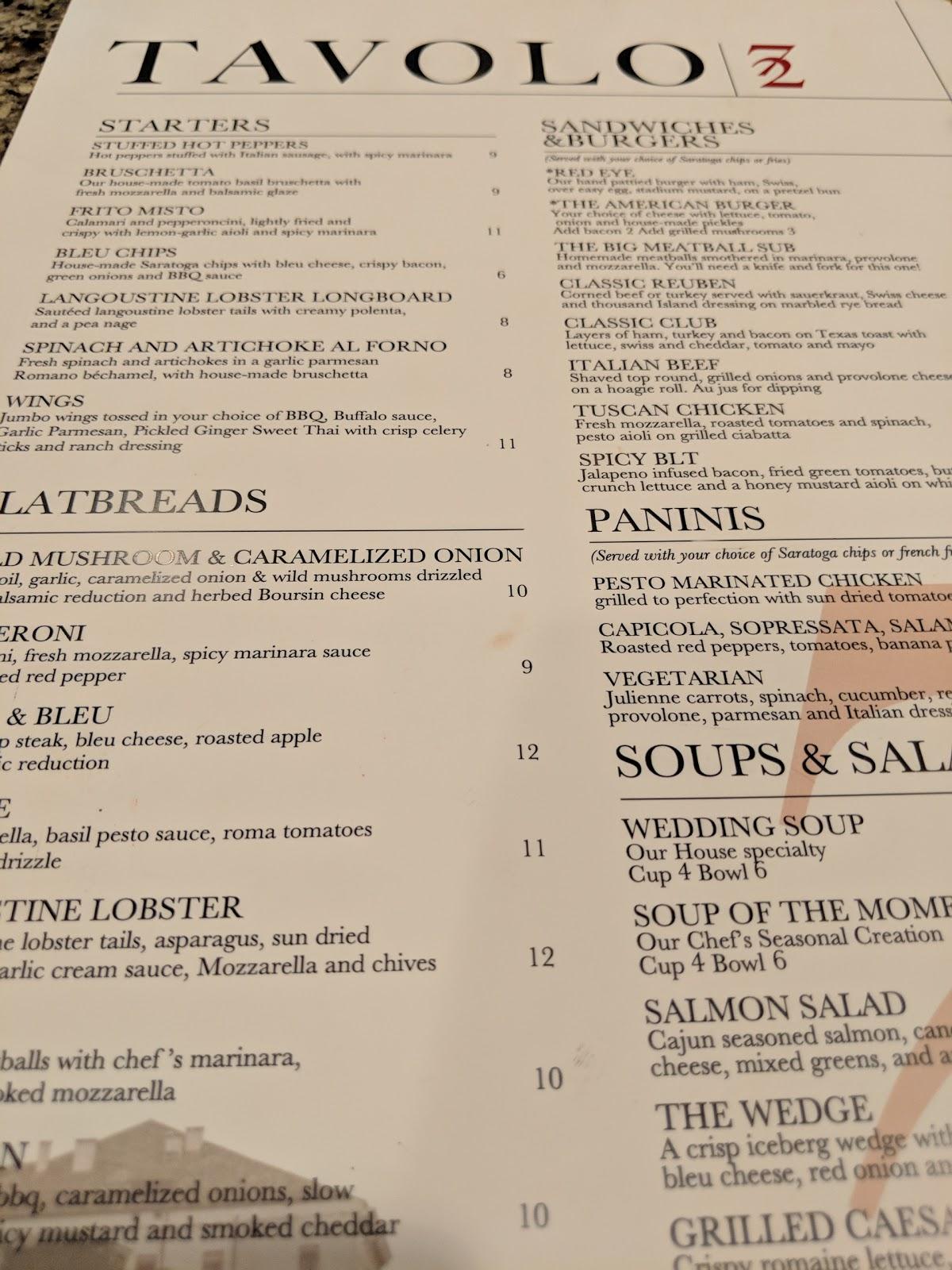 Menu at Tavolo 72 restaurant, Middleburg Heights