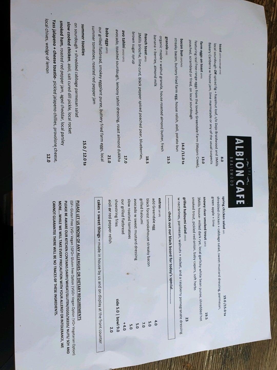 Menu at The Albion Cafe, Braidwood