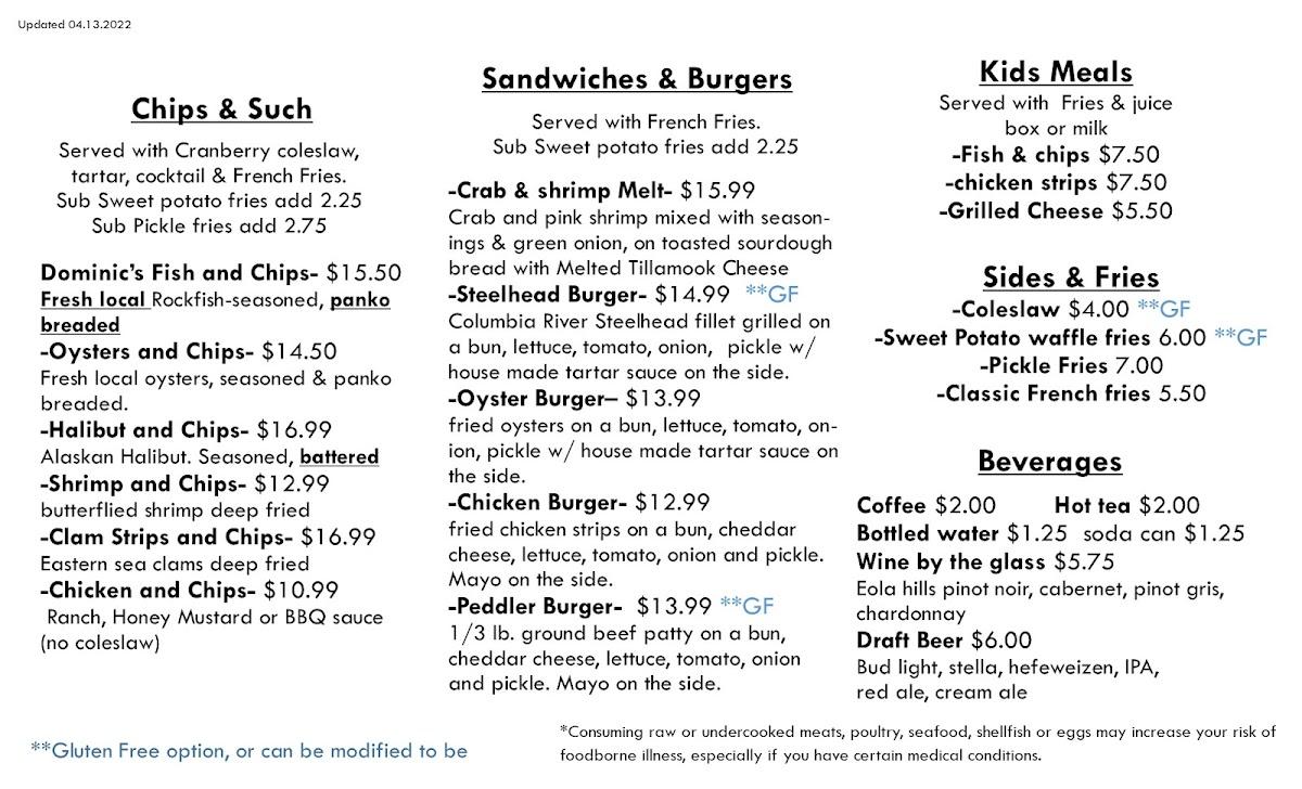 Menu at The Fish Peddler at Pacific Oyster restaurant, Bay City, Hayes ...