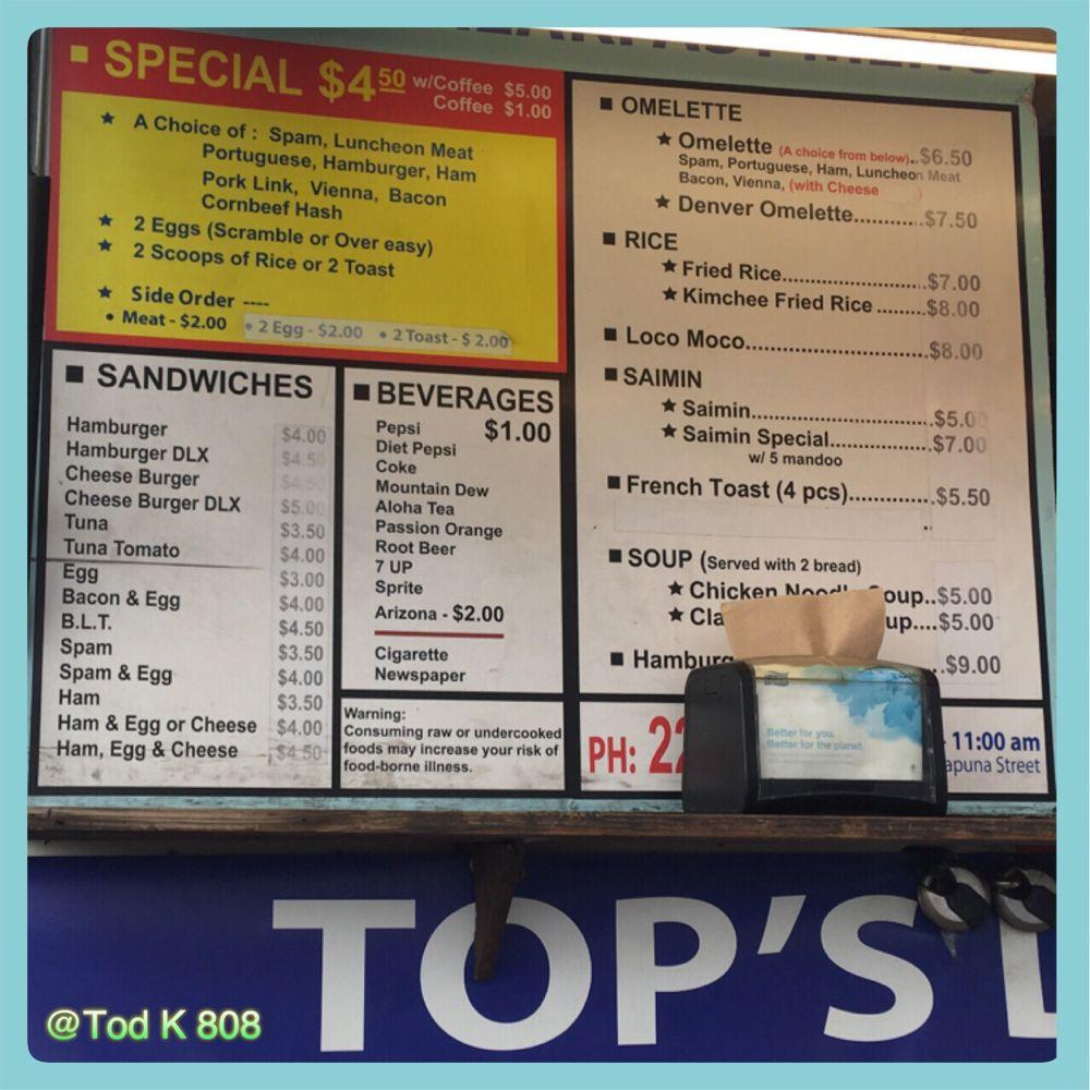 Menu at Top's Deli, Honolulu, 685 Mapunapuna St