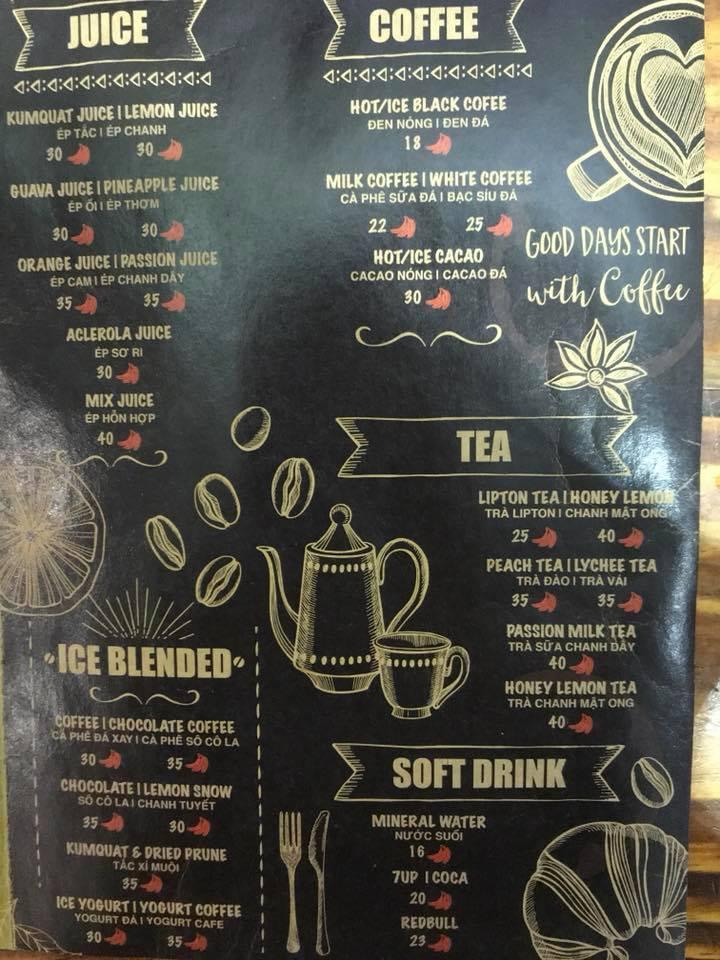 Menu at Trai Chan Chuoi cafe, Ho Chi Minh City