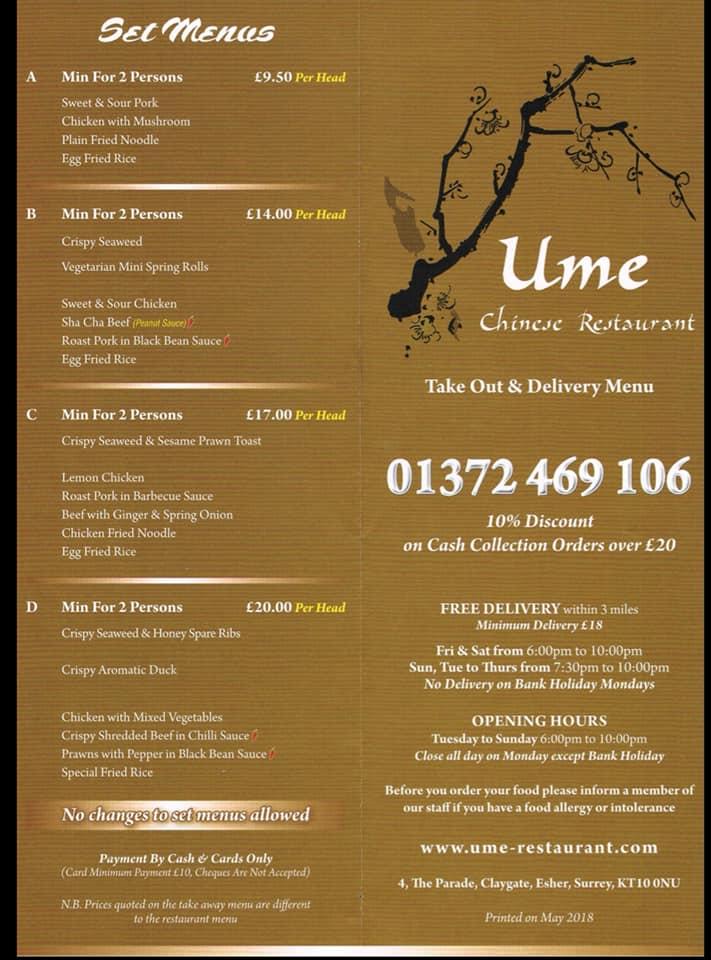 Menu at Ume Restaurant, Claygate, 4 The Parade