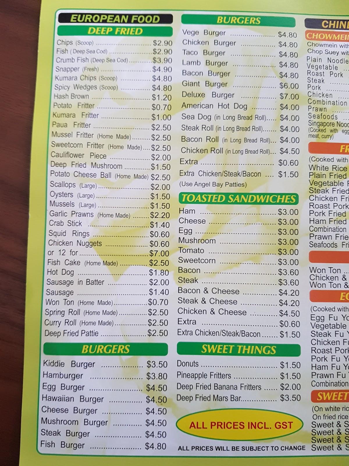 Menu at Westgate Takeaways fast food, Auckland
