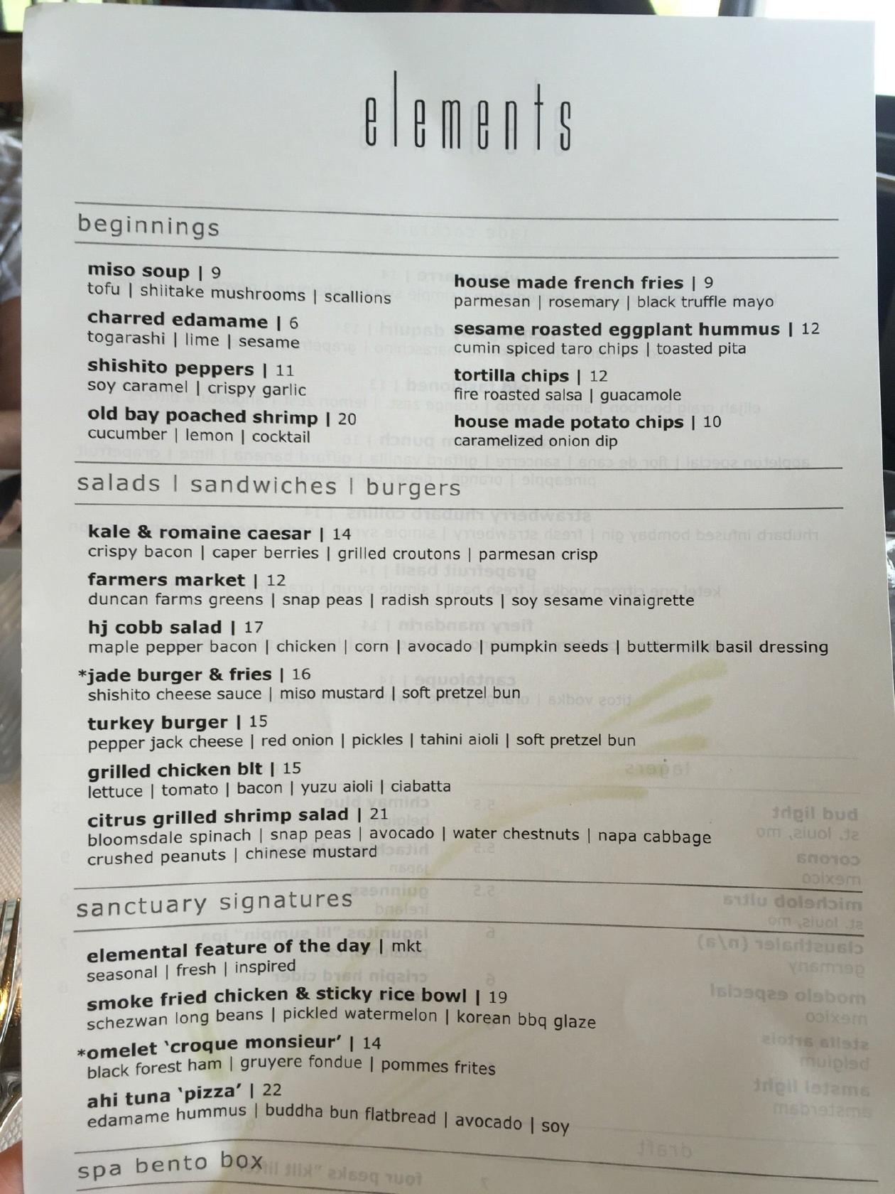 Menu at elements restaurant, Paradise Valley, E McDonald Dr