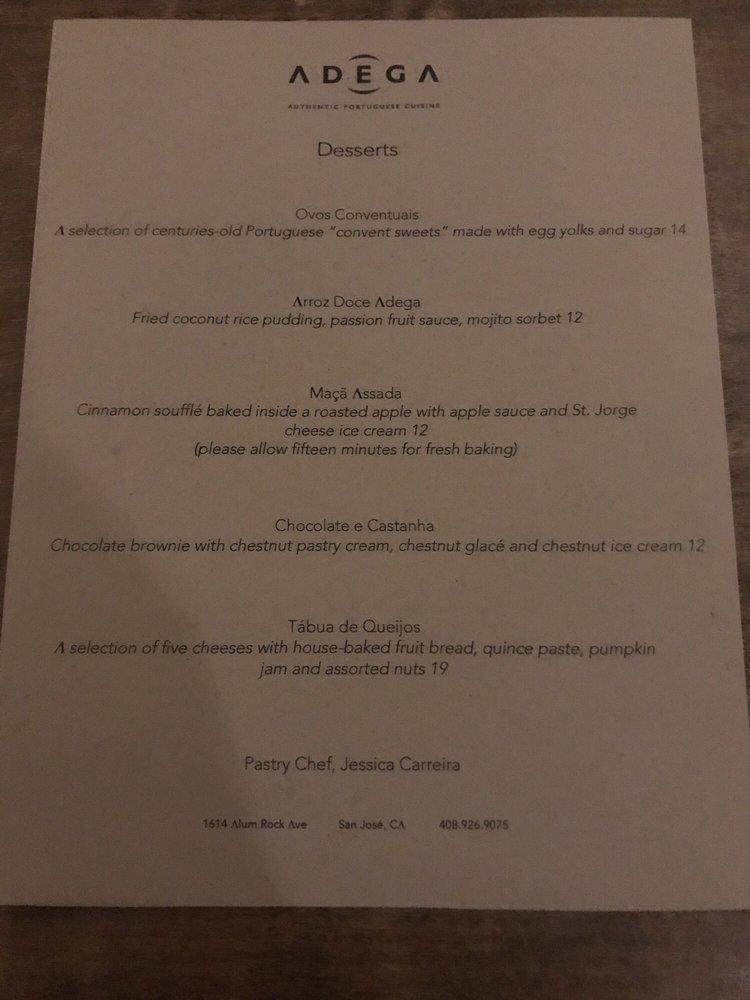 Menu at ADEGA restaurant, San Jose, 1614 Alum Rock Ave