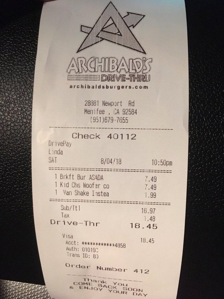 Carta del restaurante Archibald's Menifee, Menifee