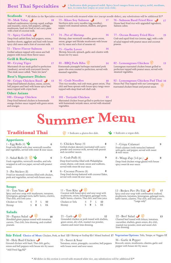 Menu at Best Thai restaurant, Lincoln City