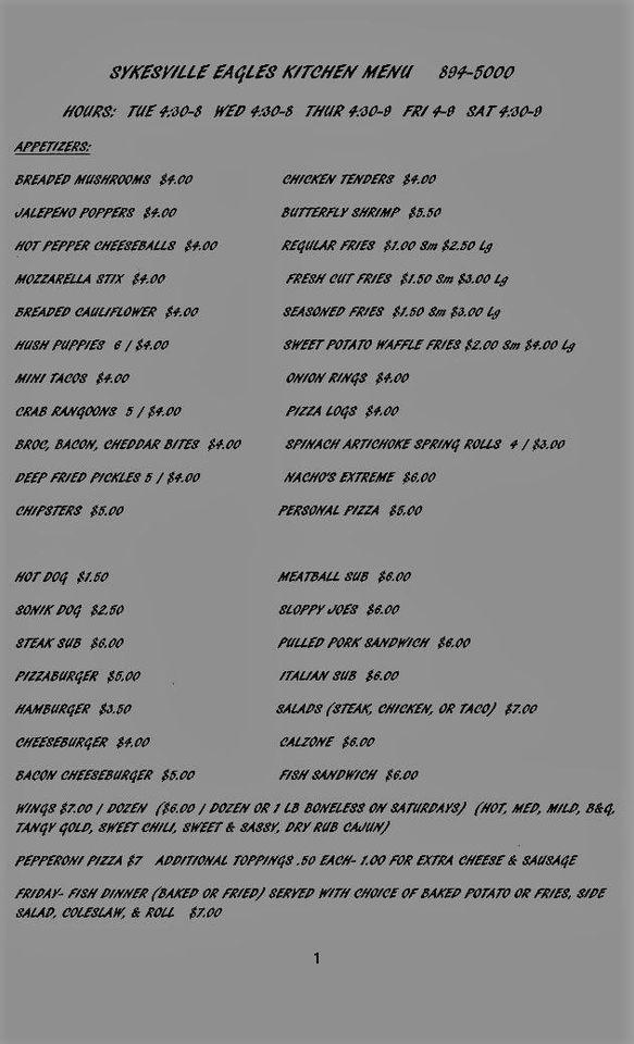 Menu at Eagles 4454 pub & bar, Sykesville