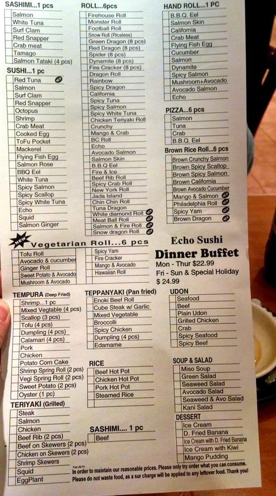 Menu at Echo Sushi restaurant, Toronto