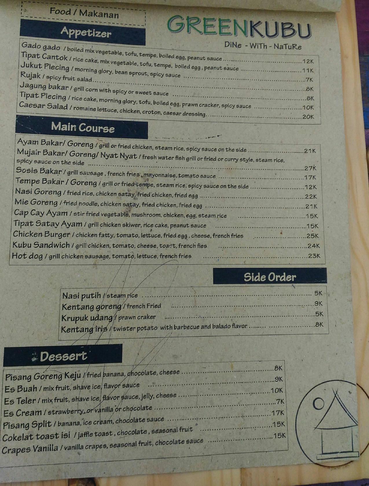 Menu at Green Kubu Cafe, Tegalalang