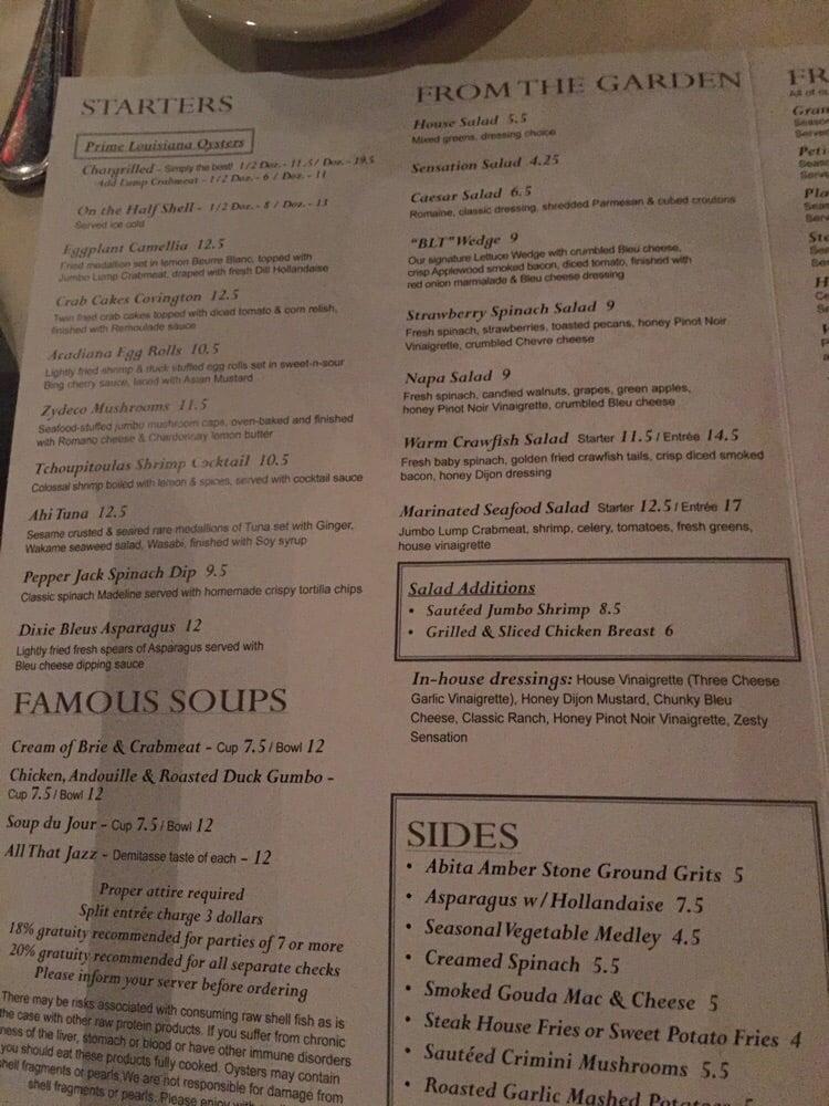 Menu at Mansurs on the Boulevard restaurant, Baton Rouge
