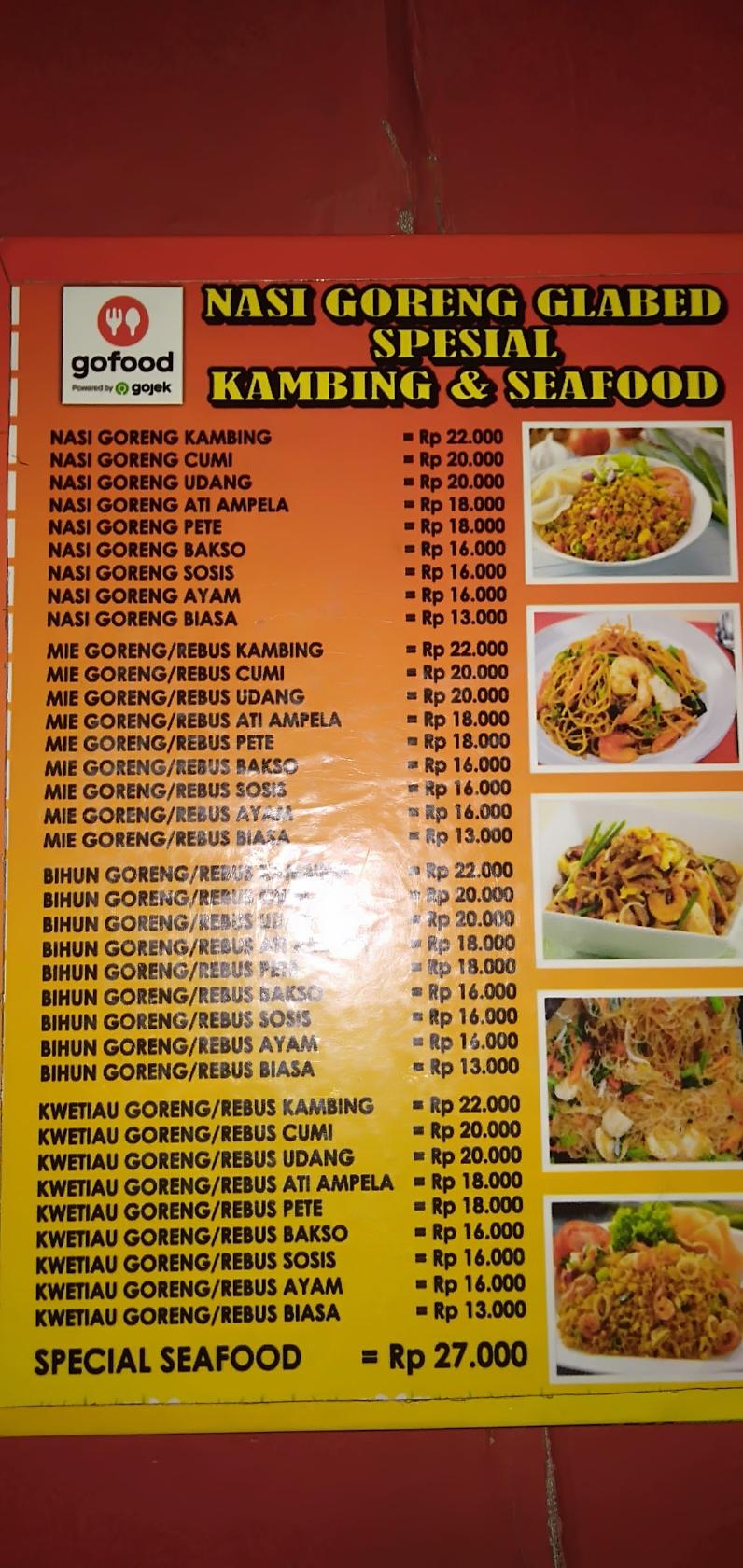 Menu at Nasi Goreng Glabed restaurant, Mekar Bakti