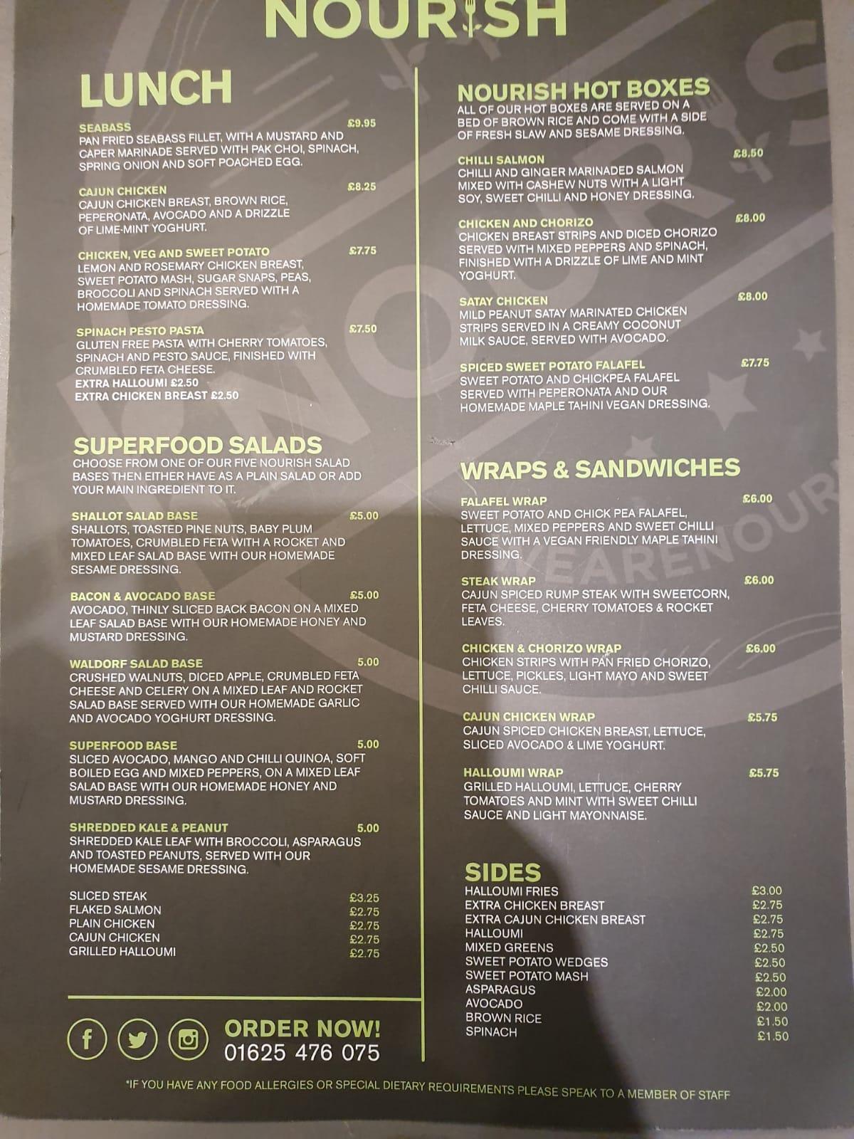 Menu at Nourish cafe, Wilmslow