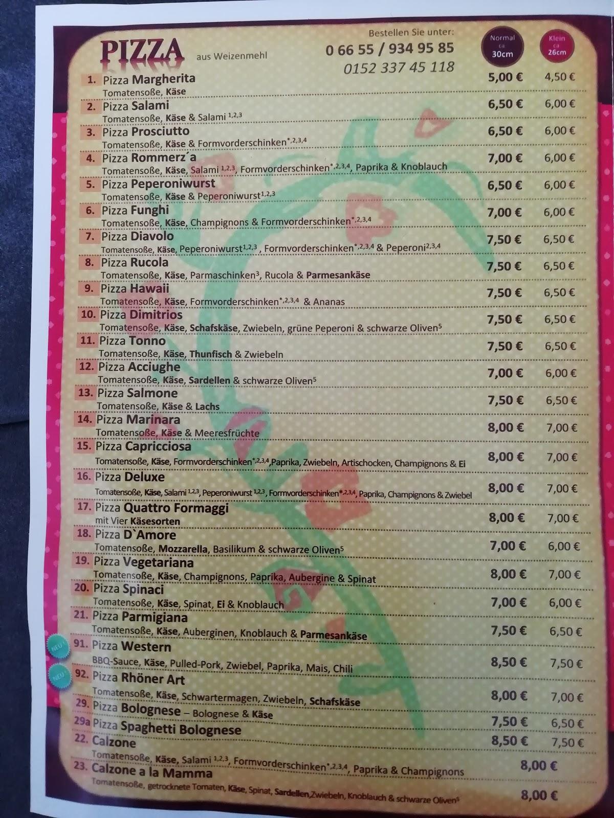 Menu at Pizzeria D'Amore, Freiensteinau