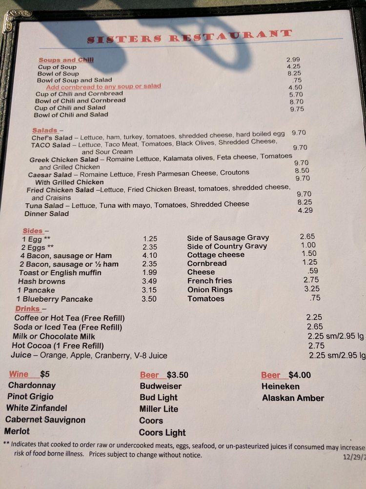 Menu at Sisters Restaurant, Shelton