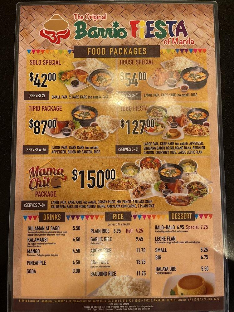 Menu at The Original Barrio Fiesta of Manila, Los Angeles, Nordhoff St