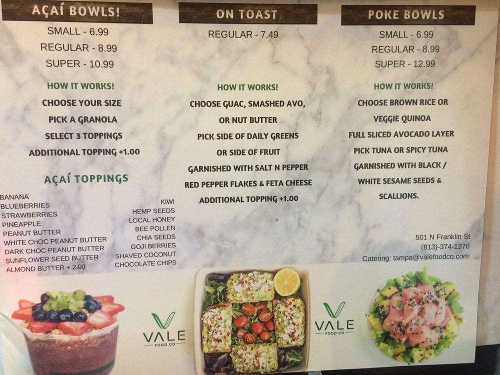 Menu at Vale Food Co restaurant, Tampa