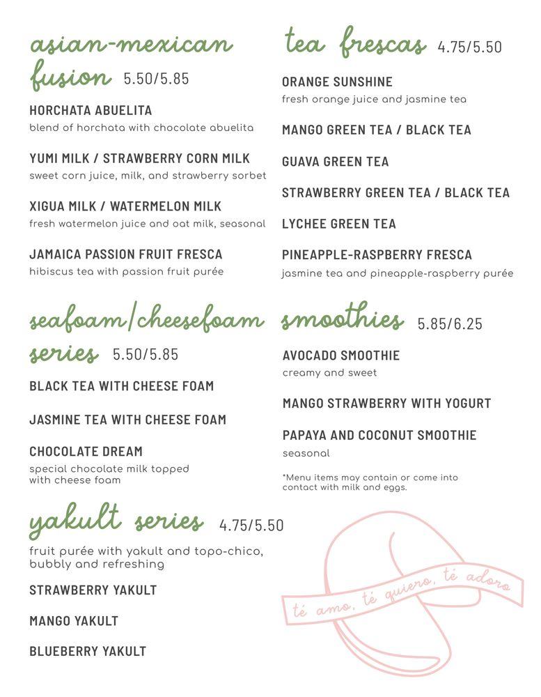 Carta del postres Boba Mi Amor, El Paso, N Mesa St