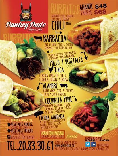 Menu at Donkey Dude restaurant, Monterrey