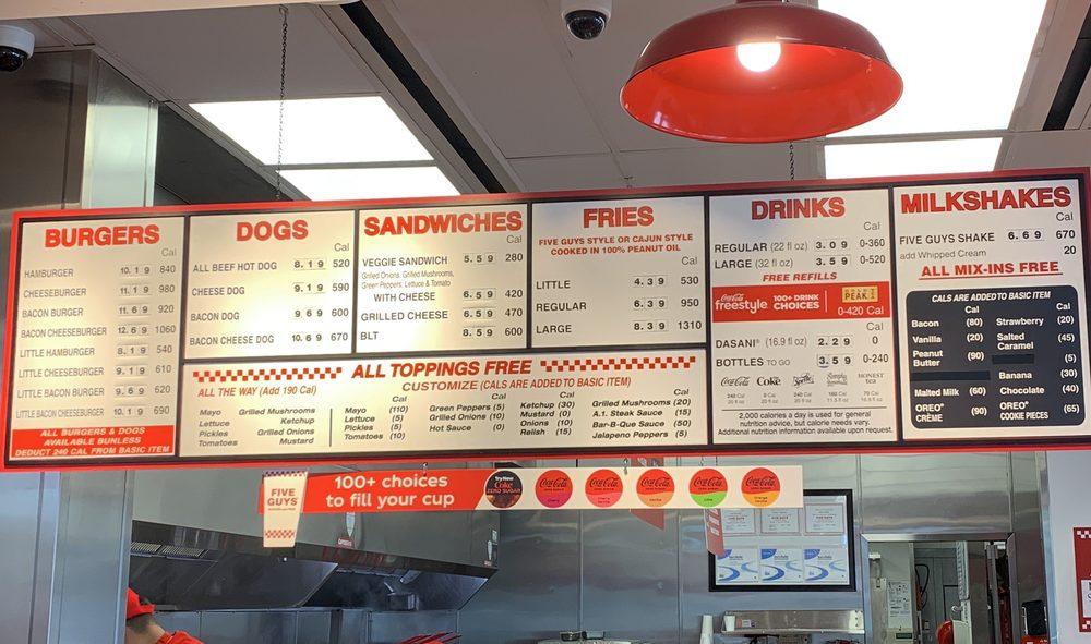 Menu at Five Guys fast food, Burbank