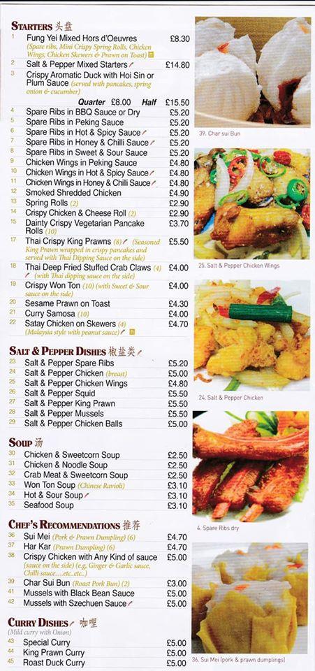 Menu at Fung Yei restaurant, Stirling