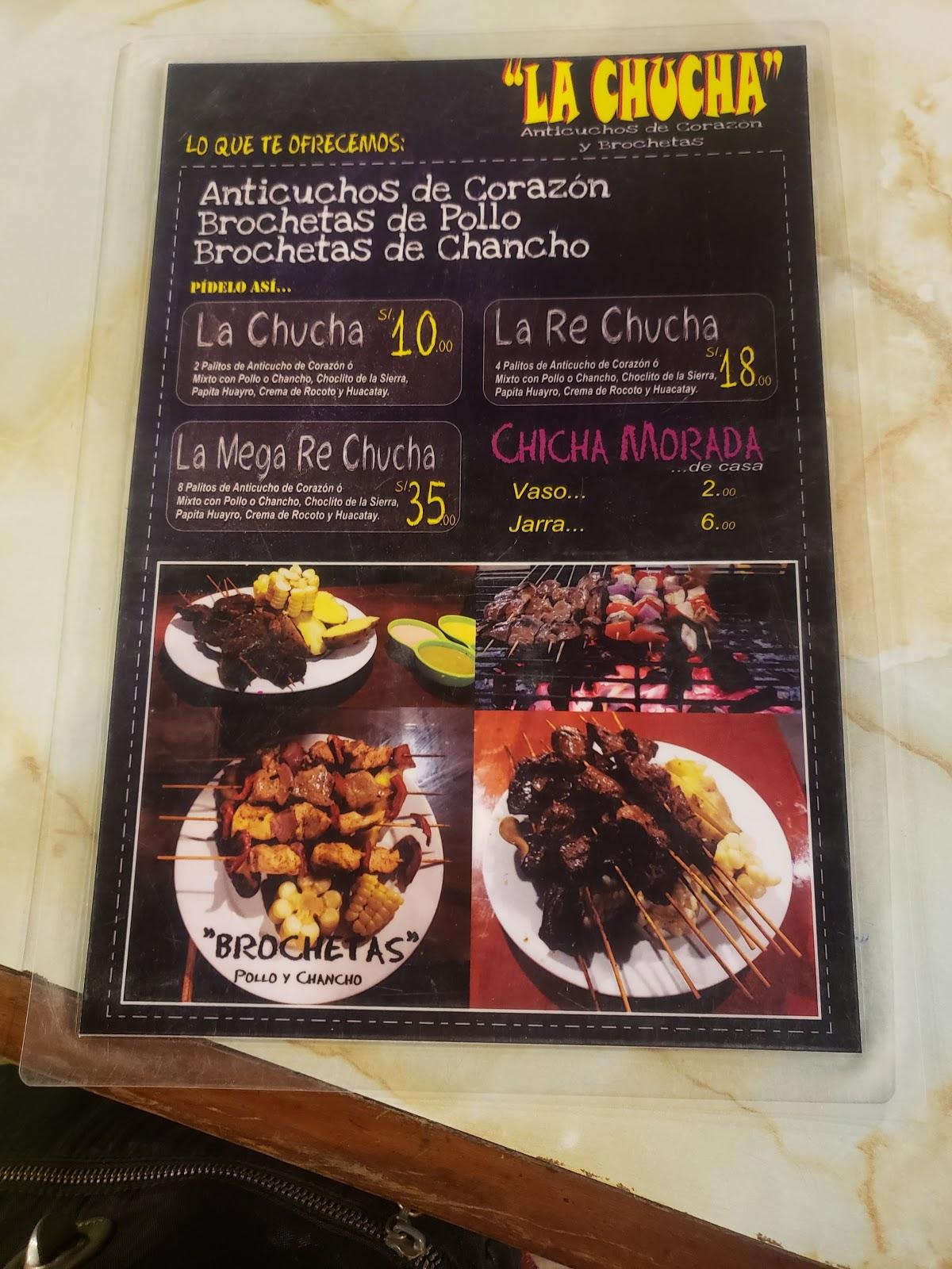 Carta del restaurante "LA CHUCHA ANTICUCHOS", Pucallpa