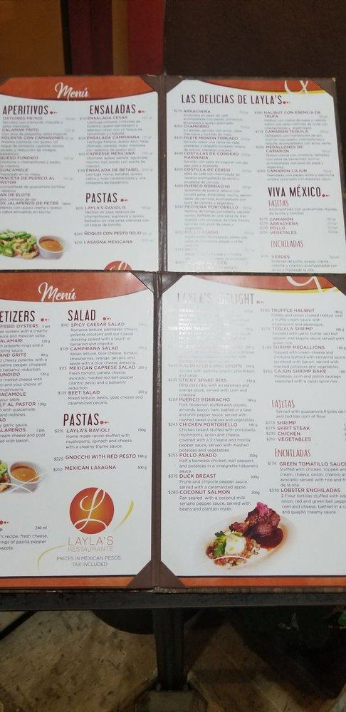 Menu at Layla's Restaurante, Puerto Vallarta