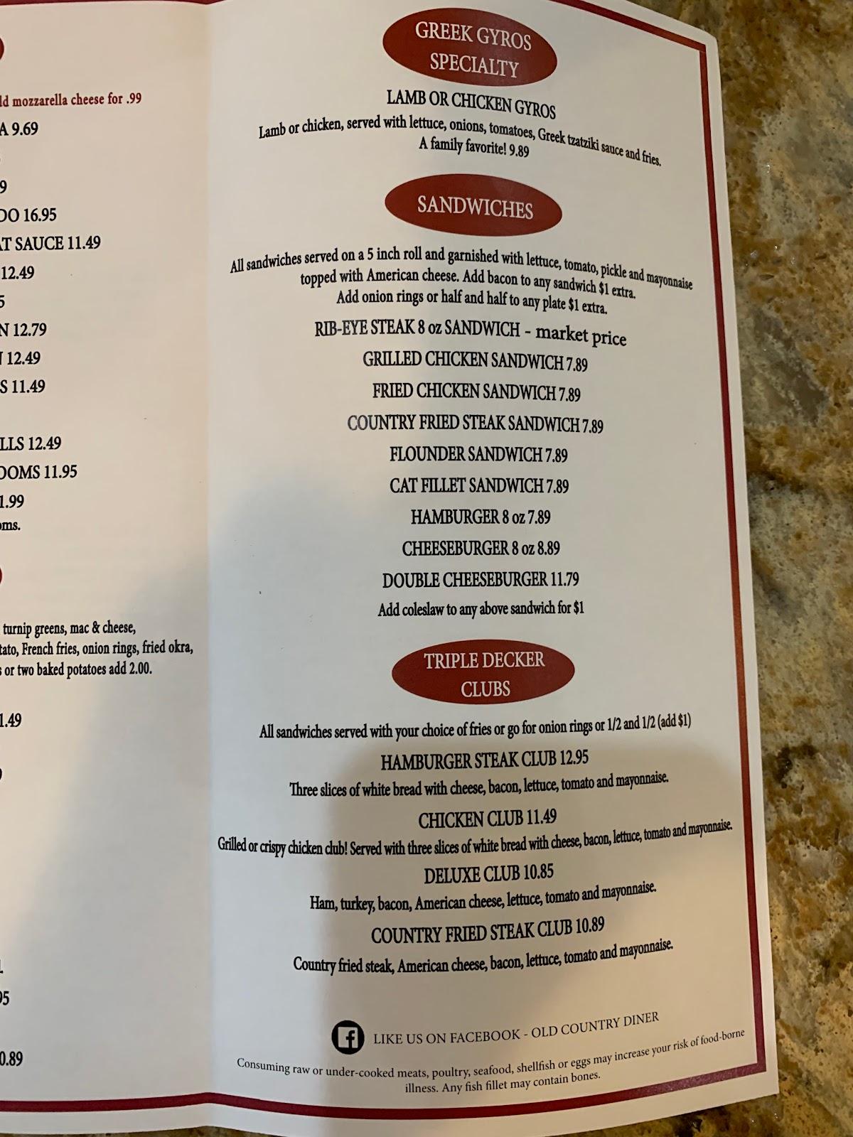 Menu at Old Country Diner restaurant, Abbeville