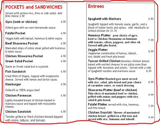 Menu at Olive Green restaurant, Murfreesboro