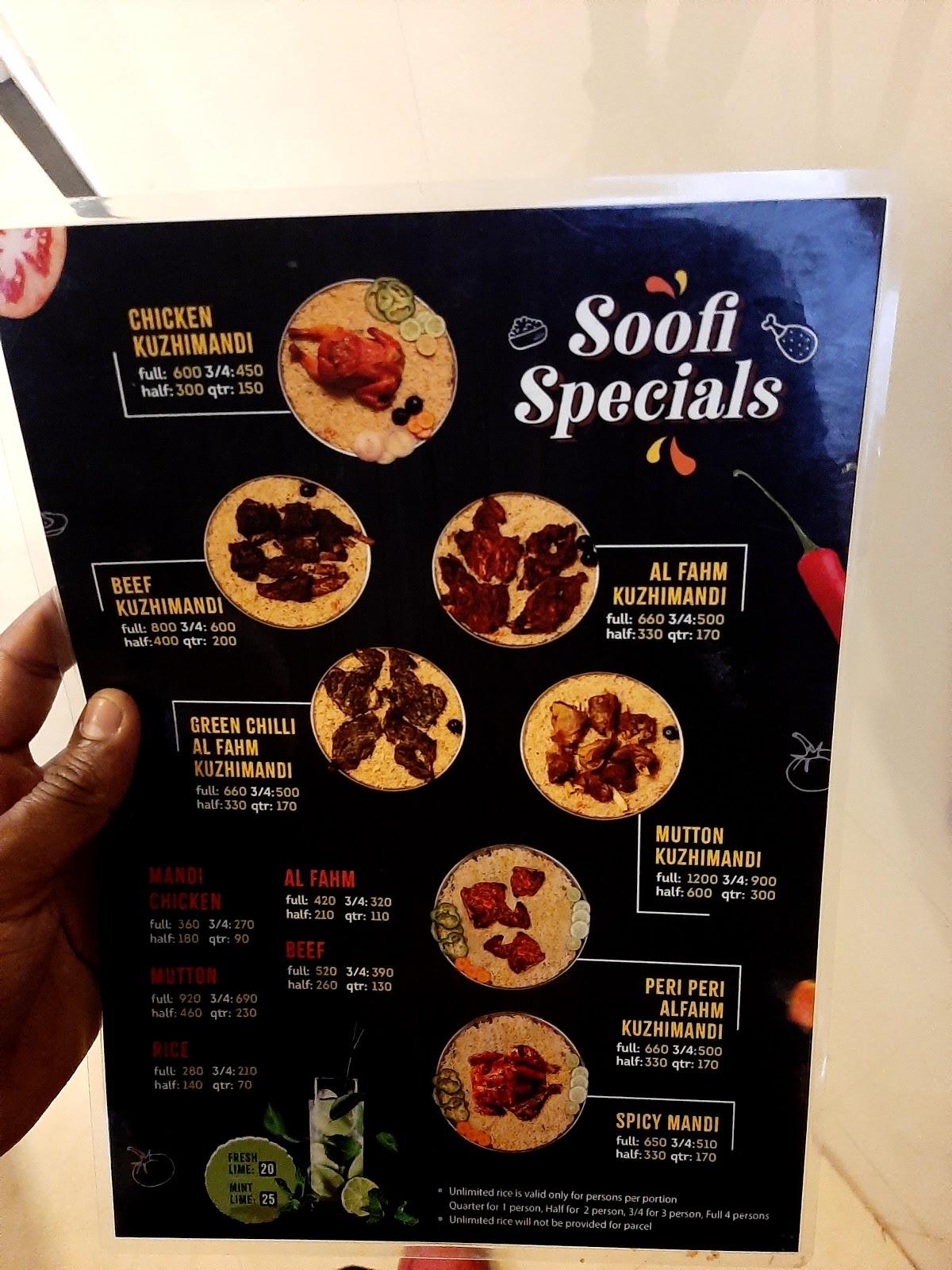 Menu at Soofi Mandi, Thrissur