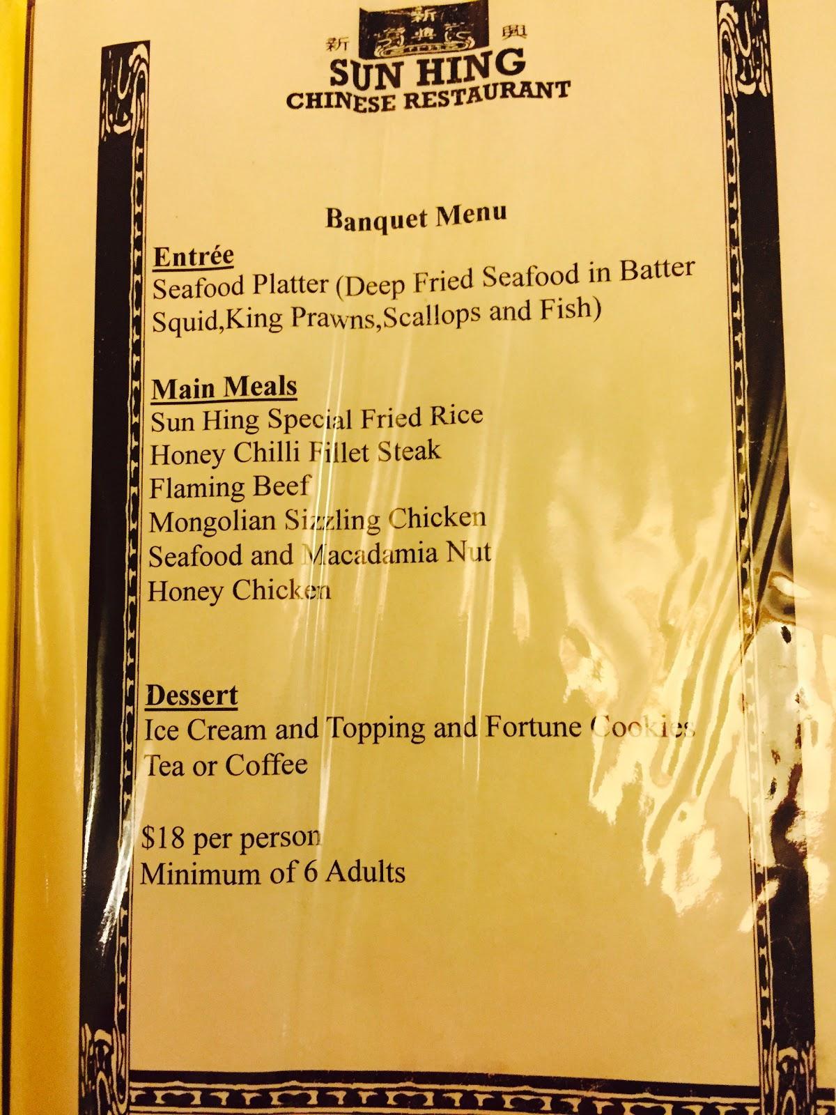 Menu at Sun Hing restaurant, Armadale