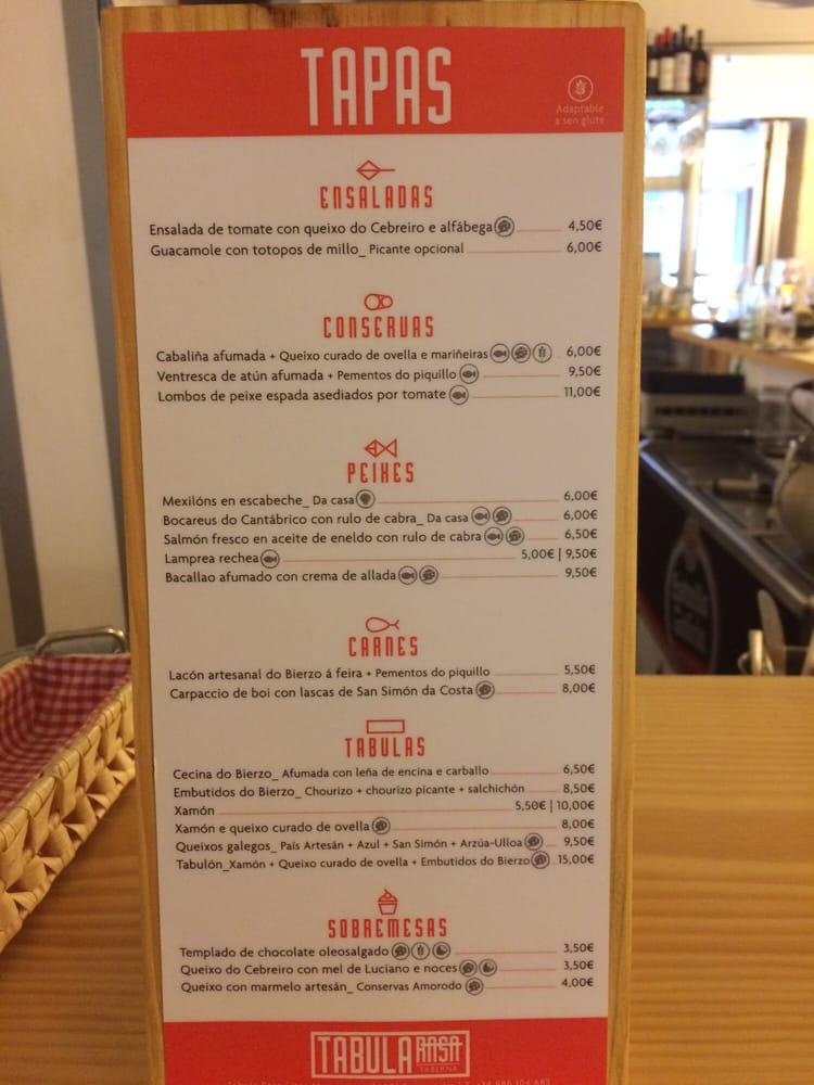 Carta del pub y bar Tabula Rasa, Pontevedra