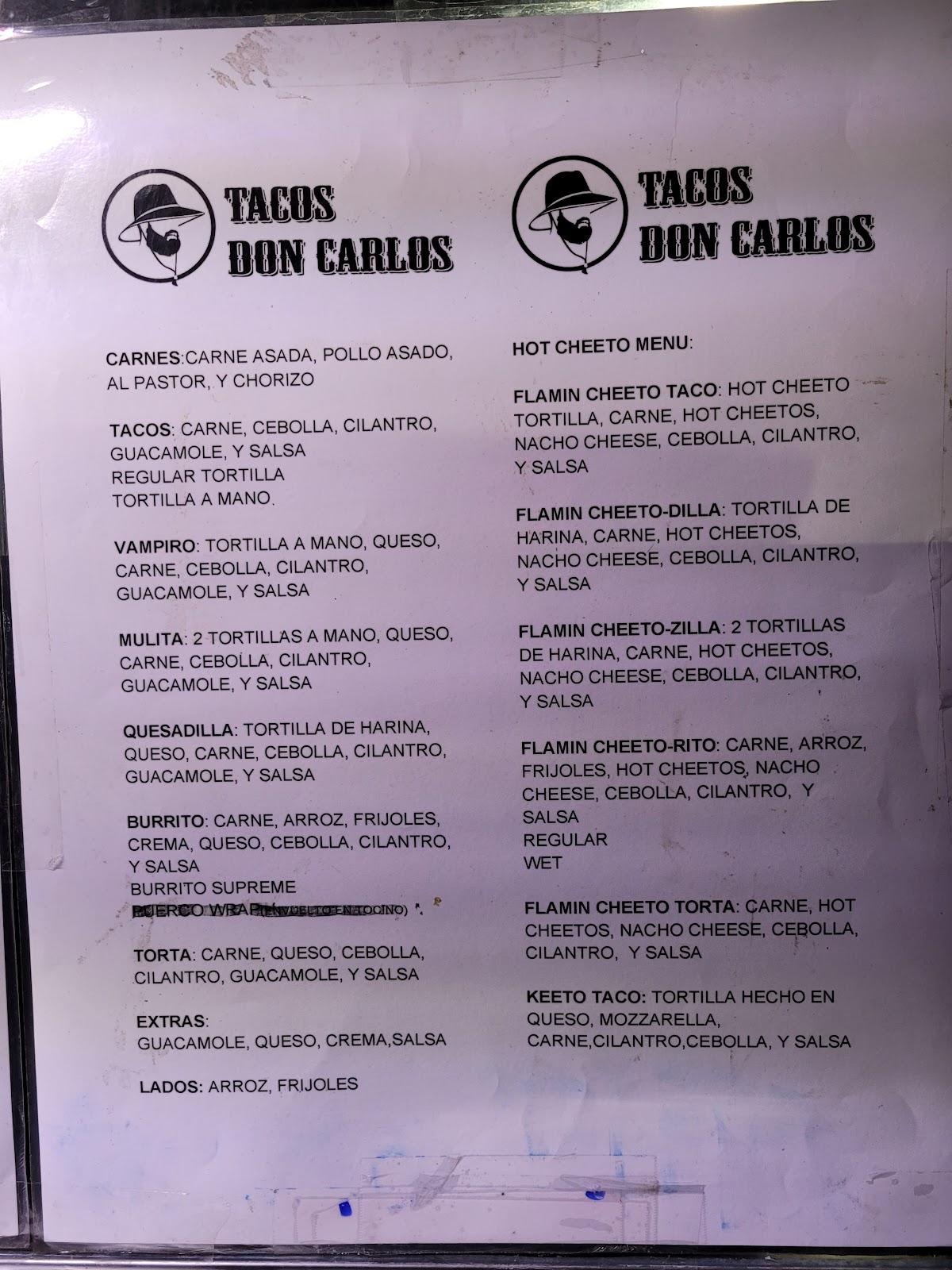 Menu at Tacos Don Carlos restaurant, Napa, Soscol Ave