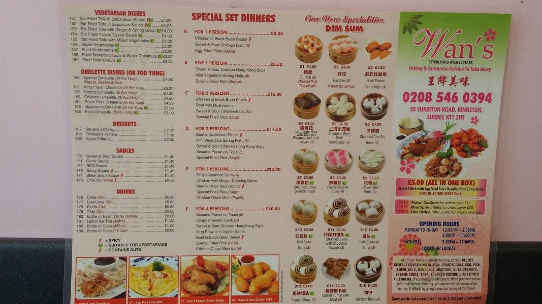Menu at Wan's Take Away fast food, London