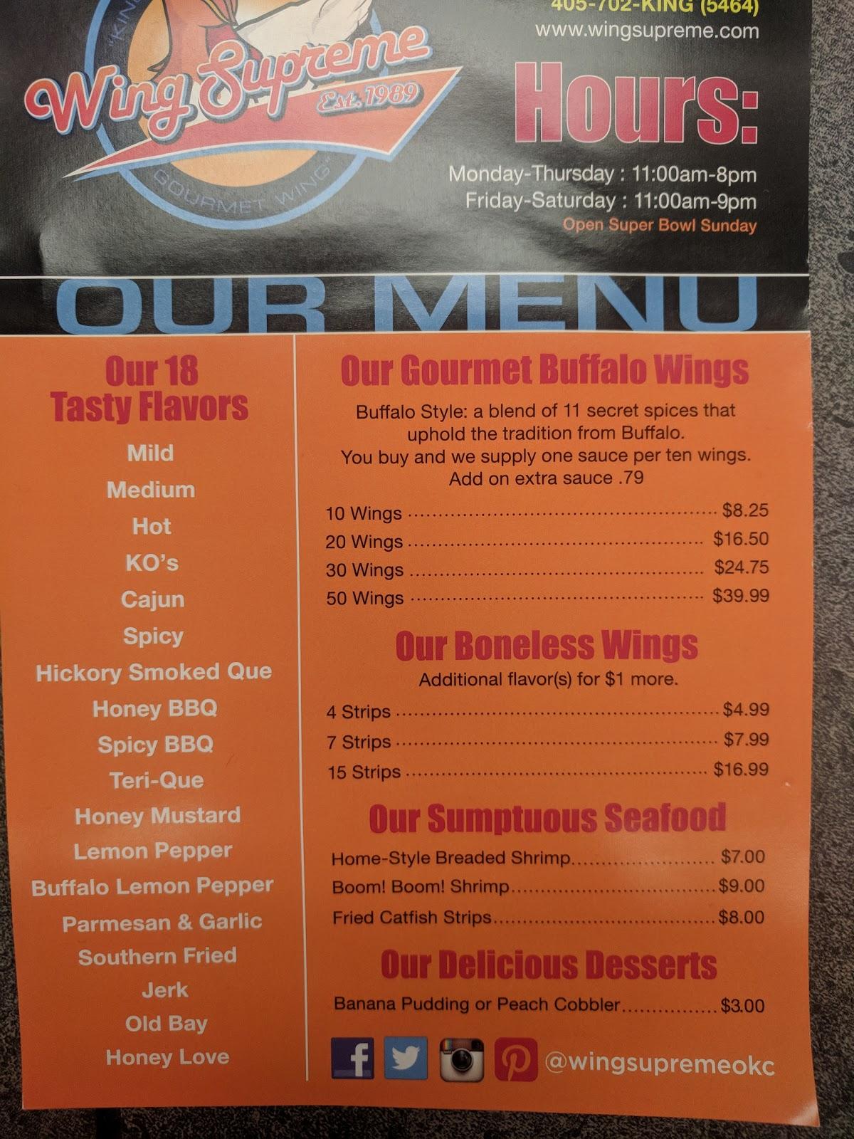 Menu at Wing Supreme OKC restaurant, Oklahoma City, N Lincoln Blvd