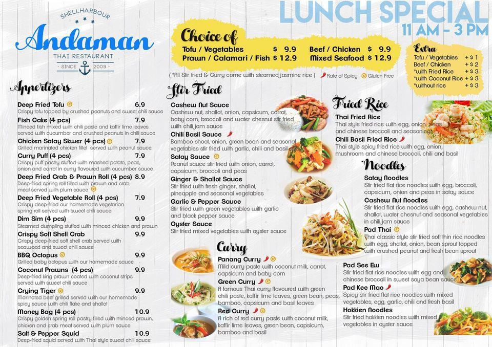 Menu at Andaman Thai Restaurant, Shellharbour