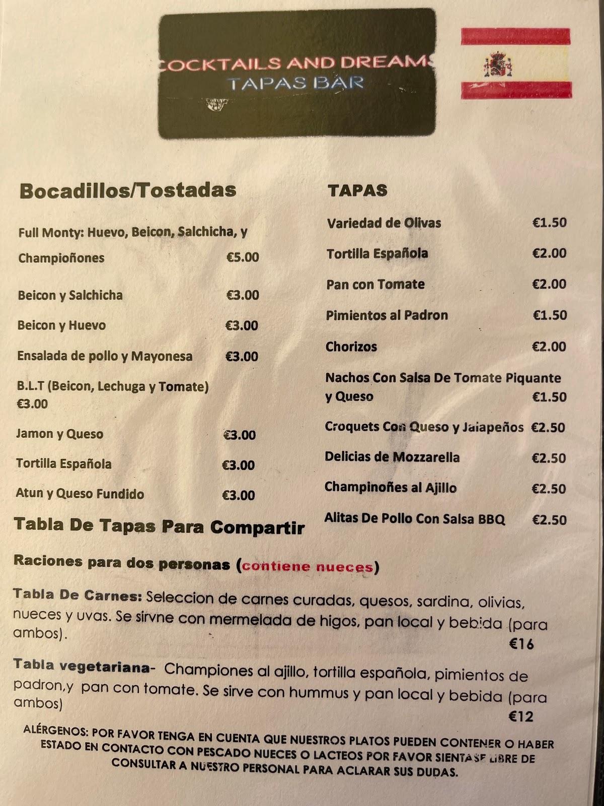 Menu at Cocktails & Dreams Tapas Bar, Benidorm